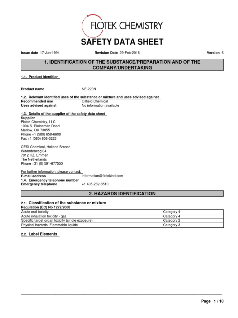 Safety Data Sheet: 1. Identification of The Substance/Preparation and ...