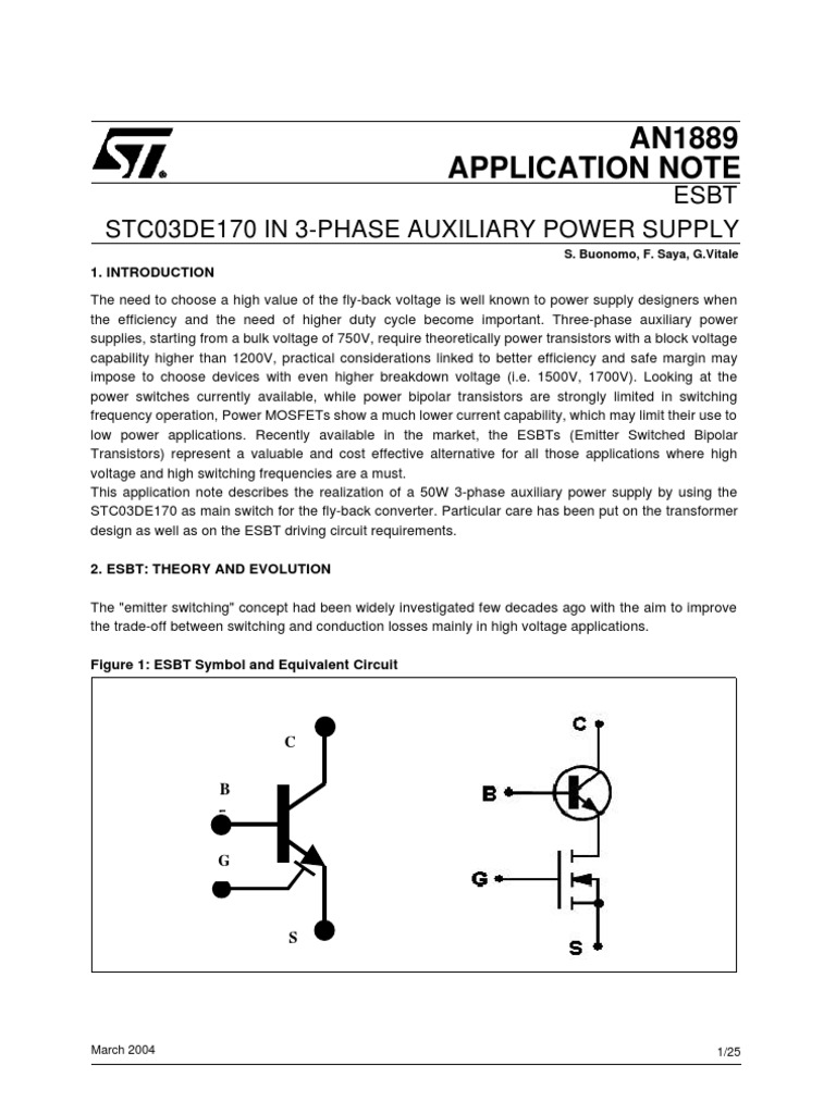 AN1889 Application Note: Esbt Stc03De170 in 3-Phase Auxiliary Power Supply | PDF | Bipolar ...