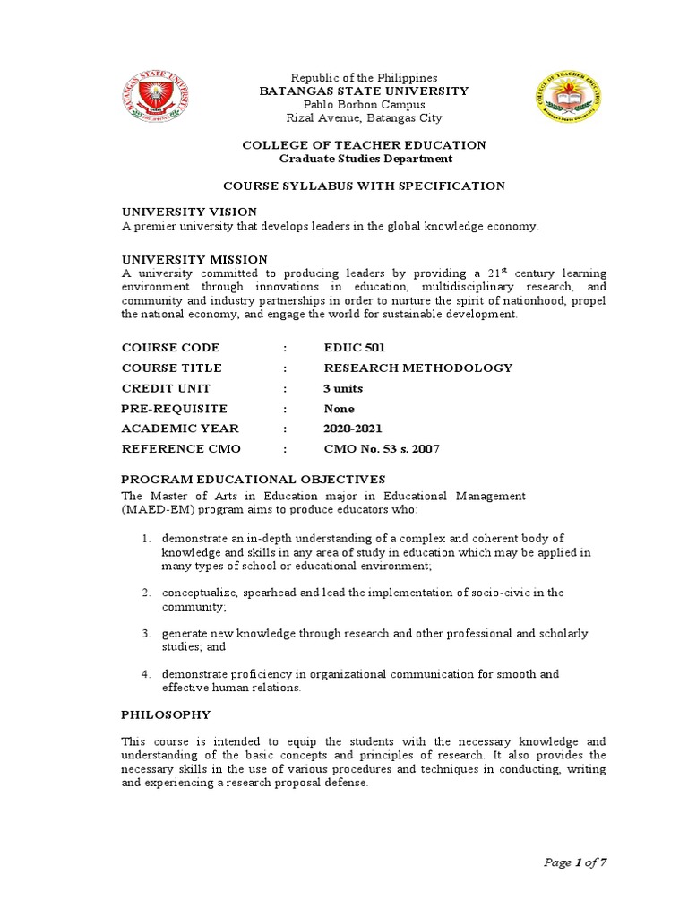 EDUC 501 Research Methodology SYLLABUS | PDF | Test (Assessment ...