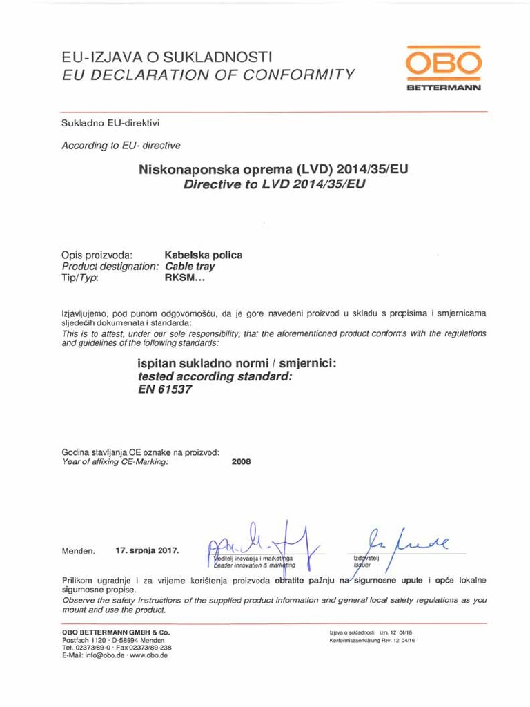 Izjava o Sukladnosti Za Kanalice | PDF