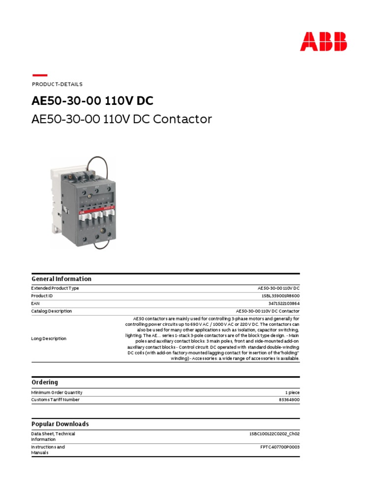 AE50-30-00 110V DC Contactor | PDF | Relay | Force