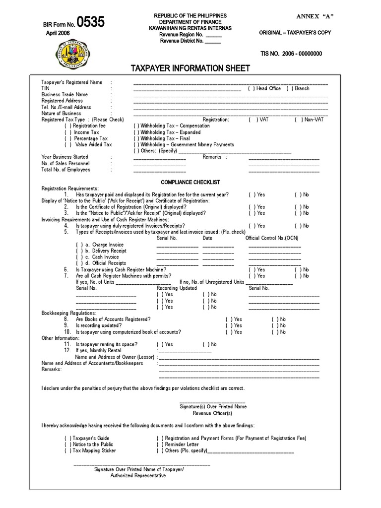 Taxpayer Information Sheet: BIR Form No. April 2006 | PDF | Receipt | Taxes