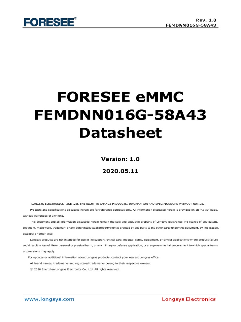 Foresee Emmc FEMDNN016G-58A43 Datasheet: Longsys Electronics ...