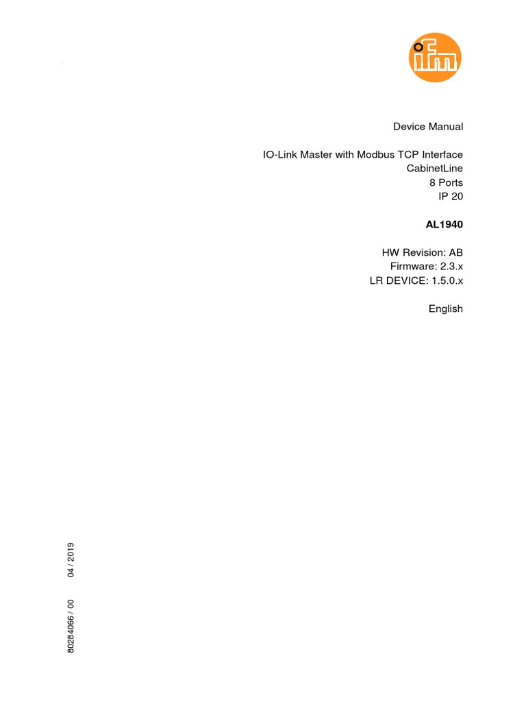 Device Manual Io-Link Master With Modbus TCP Interface Cabinetline 8 Ports Ip 20 | Download Free ...