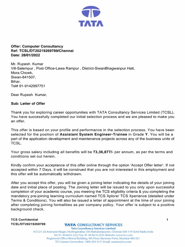 Offer Letter TCS | PDF
