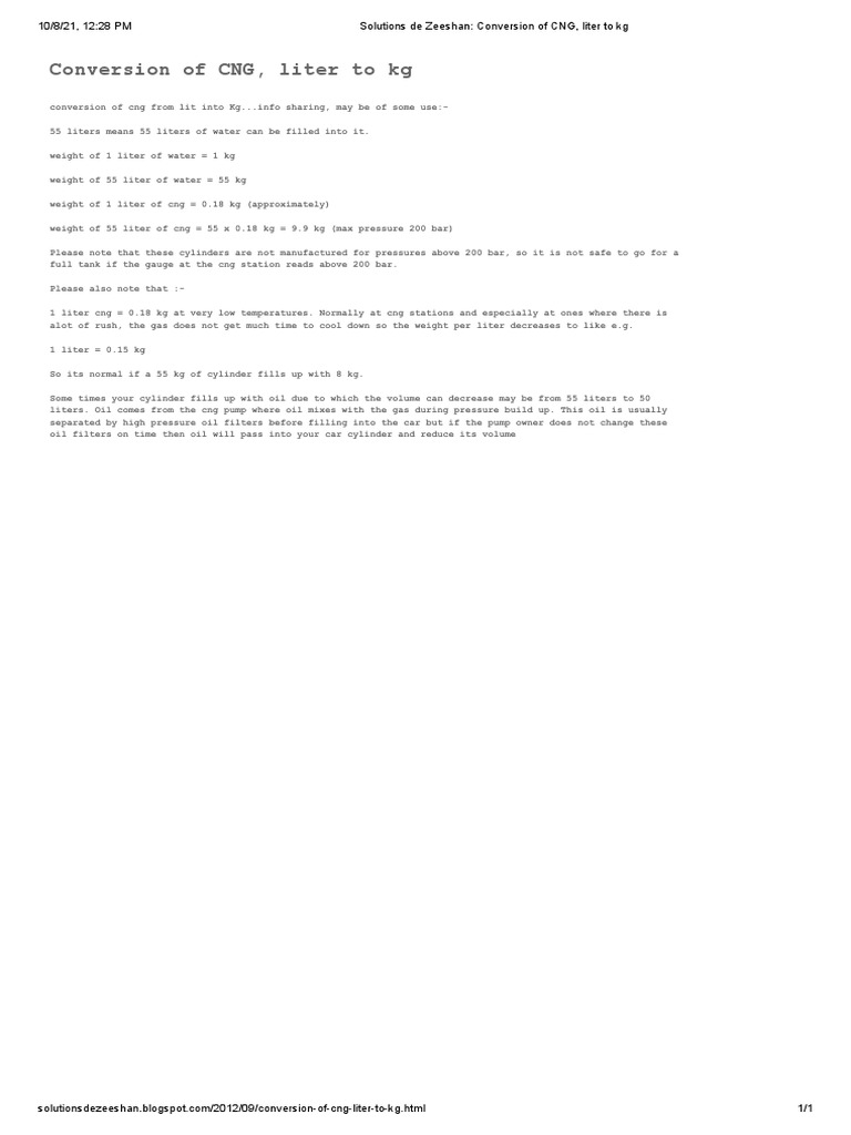 CNG Conversion: Liters to Kilograms | PDF