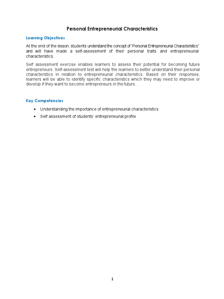 2a. Personal Entrepreneurial Characteristics - Module | PDF ...