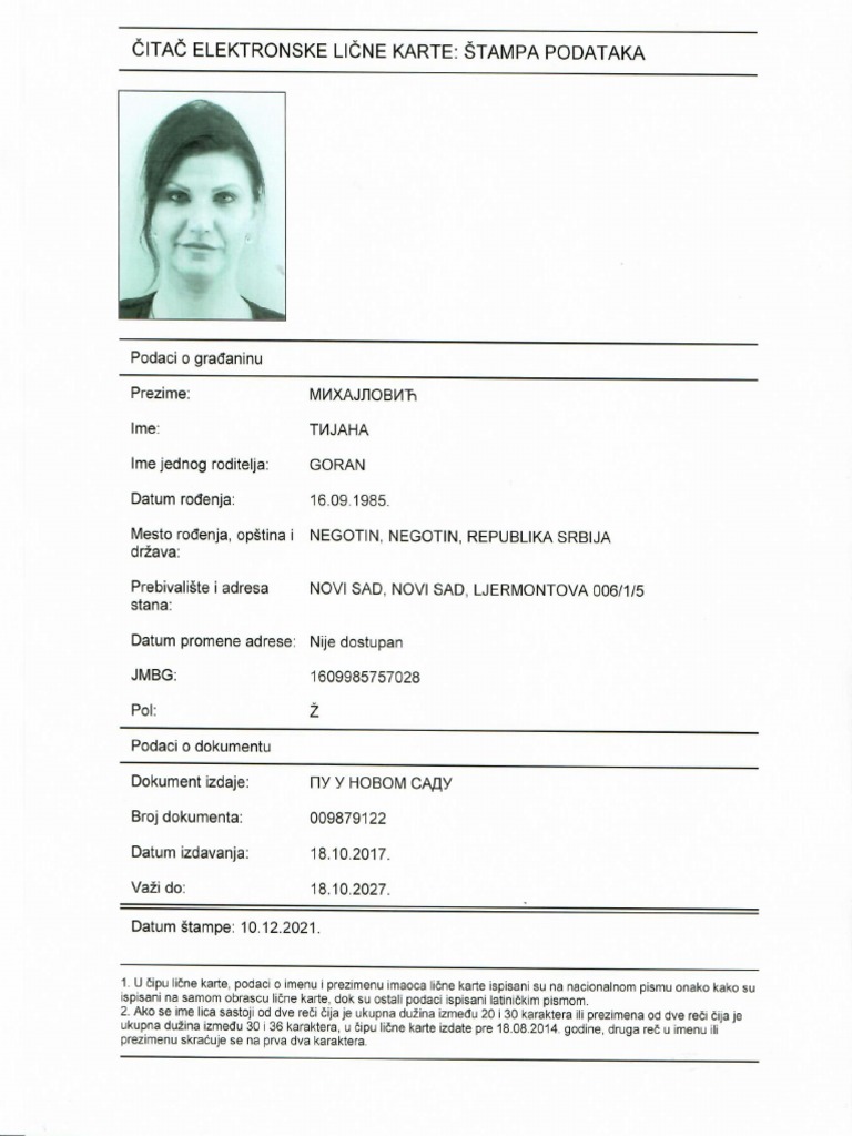 Tijana Mihajlovic Licna Karta | PDF