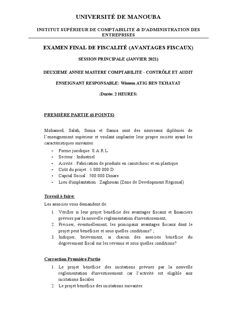 Examen Avantages Fiscaux ISCAE PRINCIPALE Correction | PDF | Impôt sur le revenu | Impôts