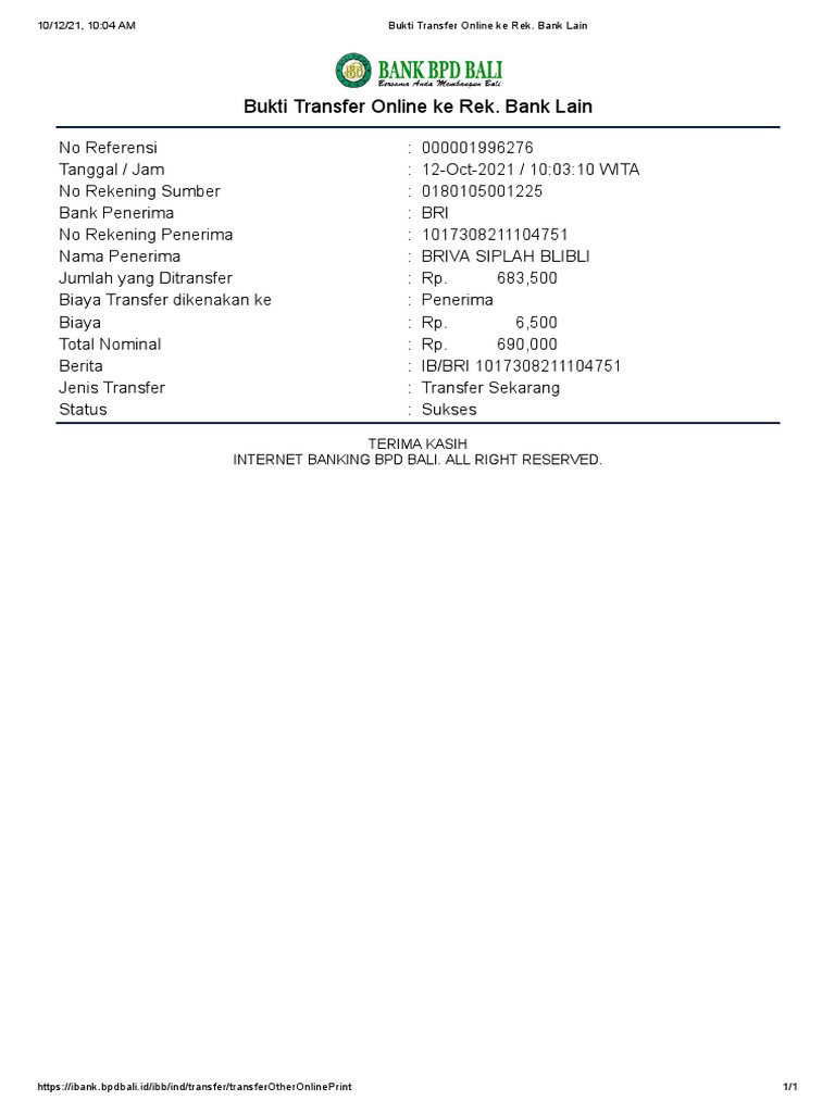 Bukti Transfer Online Ke Rek. Bank Lain: Terima Kasih Internet Banking BPD Bali. All Right ...