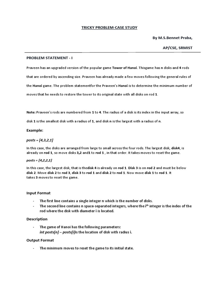 Tricky Problem-Case Study by M.S.Bennet Praba, Ap/Cse, Srmist Problem Statement - I | PDF ...
