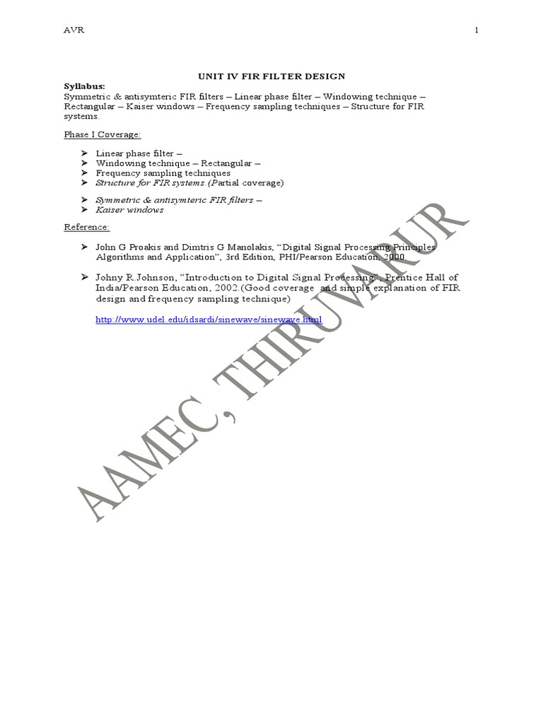 Unit IV Fir Design Lecture Notes | PDF | Computer Engineering | Algorithms