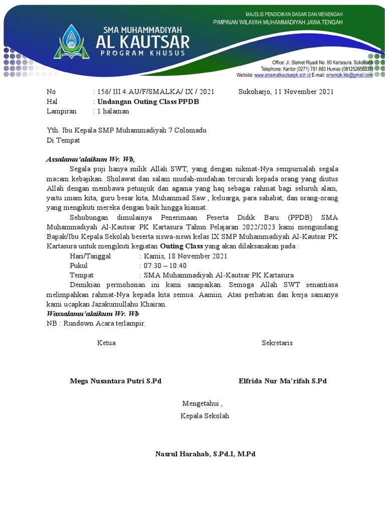 Undangan Outing Class PPDB SMA Al-Kautsar | PDF