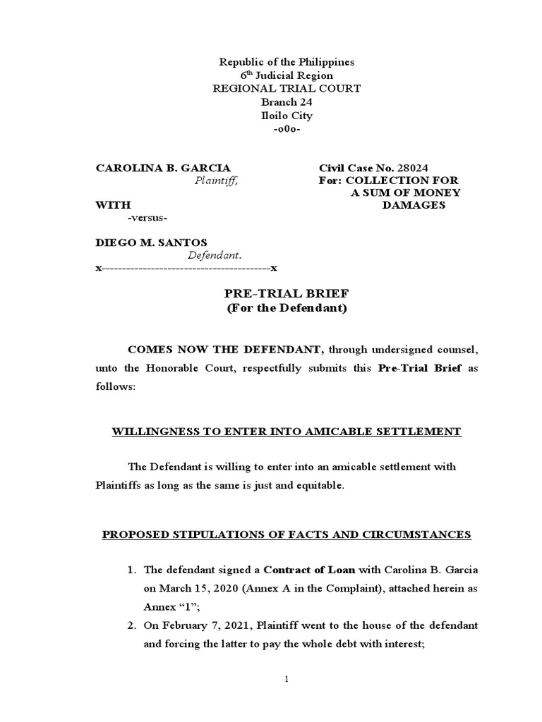 Pre-Trial Brief (For The Defendant) | PDF | Lawsuit | Damages