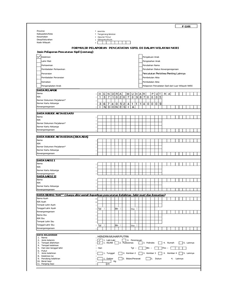 Formulir Pelaporan Pencatatan Sipil Di Dalam Wilayah Nkri | PDF
