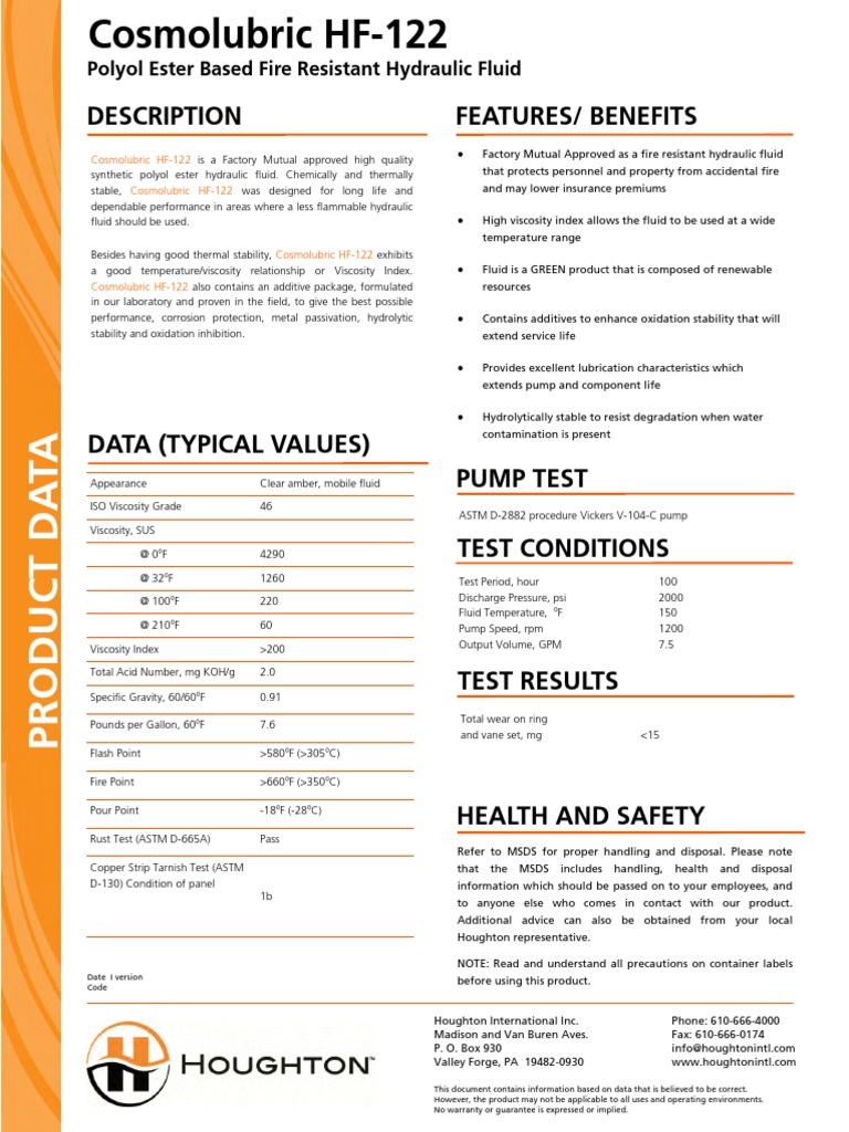 Cosmolubric HF-122 Data Sheet | PDF | Viscosity | Pump