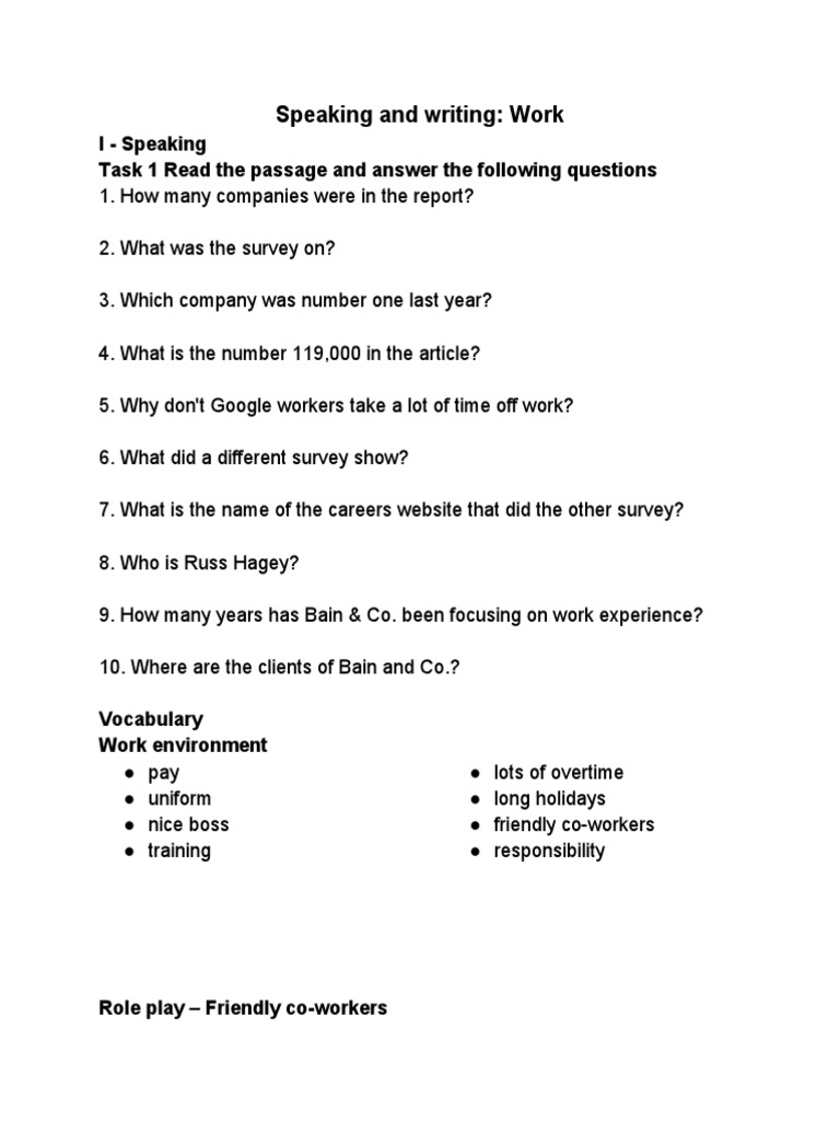Speaking and Writing: Work: I - Speaking Task 1 Read The Passage and ...