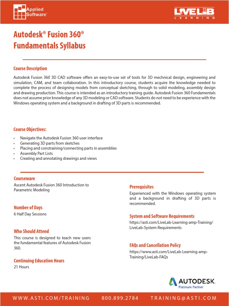Autodesk® Fusion 360® Fundamentals Syllabus: Course Description | PDF | Autodesk | Computer ...