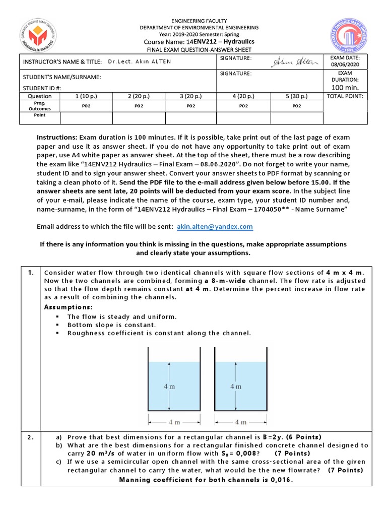 14ENV212 Hydraulics - FINAL EXAM | PDF