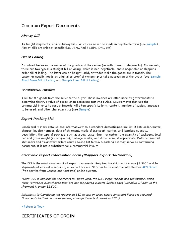 Common Export Documents | PDF | Cargo | Bill Of Lading
