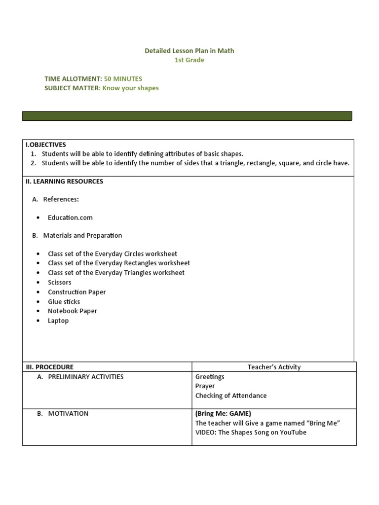 Detailed Lesson Plan in Math Time Allotment: Subject Matter: 1st Grade ...