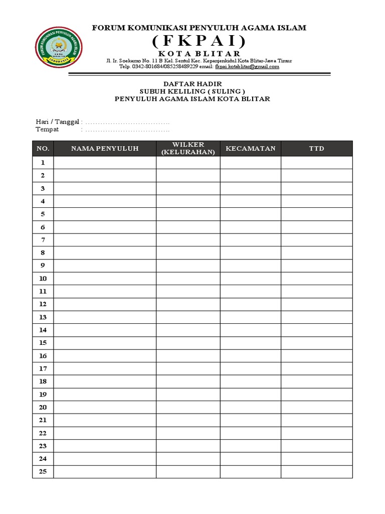 Daftar Hadir Subuh Keliling FKPAI Blitar | PDF