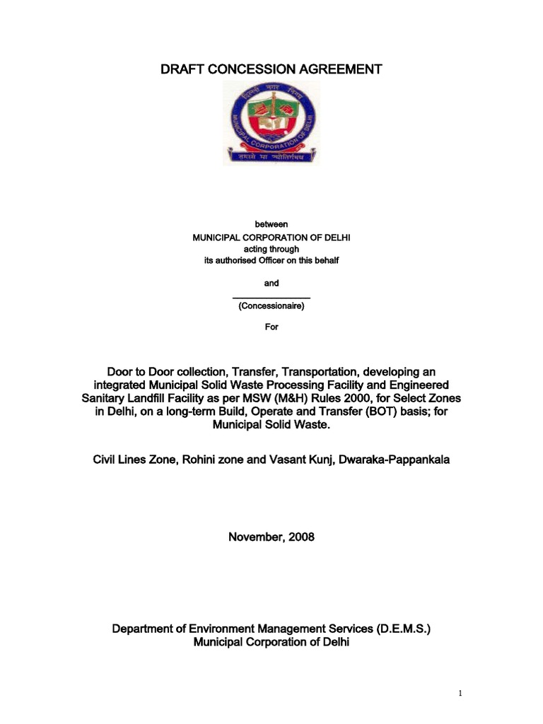 Draft concession agreement for MSW management | PDF | Municipal Solid ...