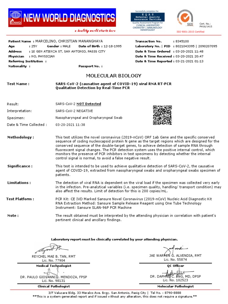 SARS-CoV-2 (COVID-19) Molecular Test Report for Christian Mananghaya ...