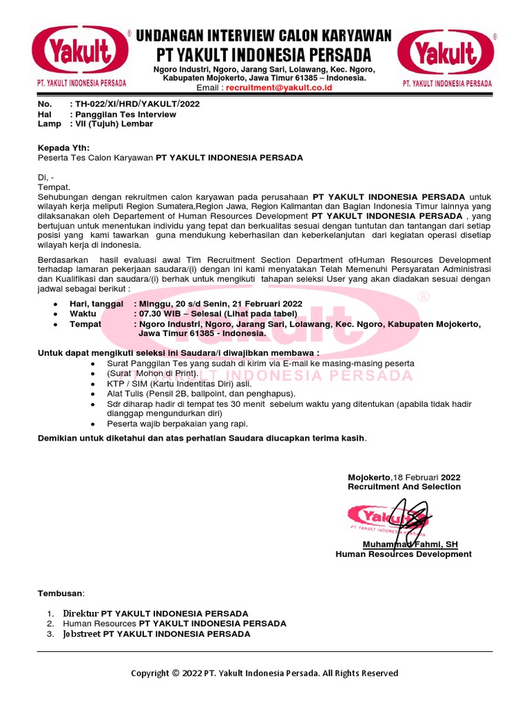 Undangan Interview PT Yakult Indonesia Persada - Mojokerto | PDF