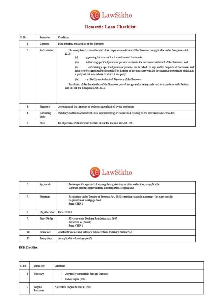 Loan Checklist - List of Compliances For A Loan Transaction | PDF ...