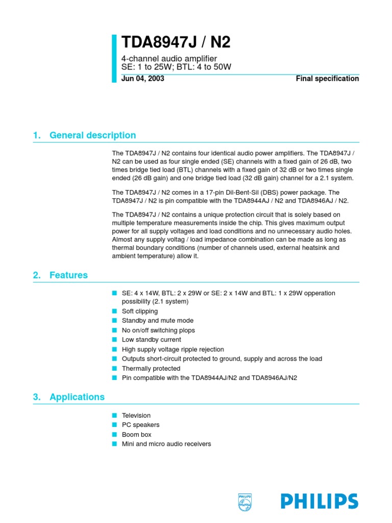 TDA8947J / N2: 1. General Description | PDF | Amplifier | Capacitor