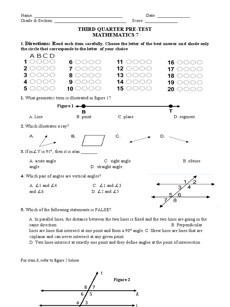 Third Quarter Pre-Test Mathematics 7 Directions: R | PDF | Circle | Angle