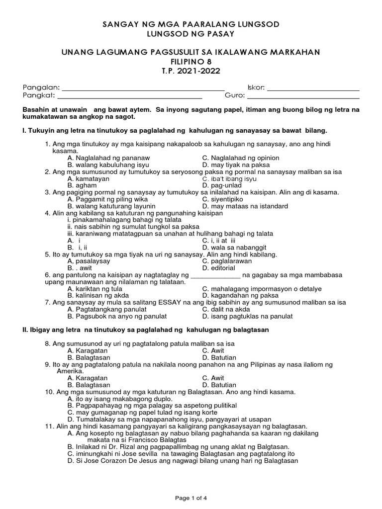 FILIPINO8 Q2 SummativeTest1 2 | PDF