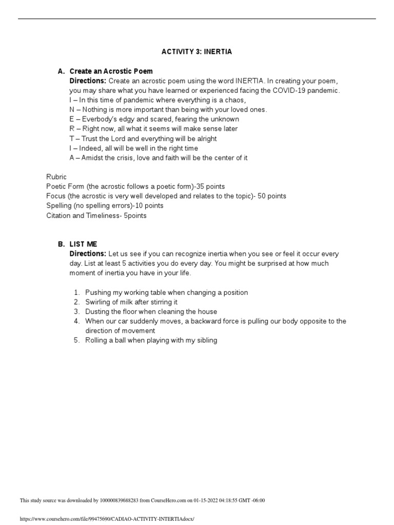 Inertia Acrostic Poem & Daily Activities | PDF
