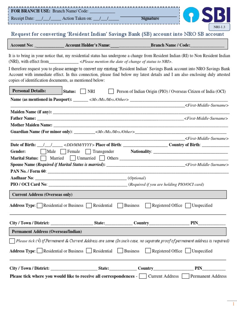 Request For Converting Resident Indian' Savings Bank (SB) Account Into ...