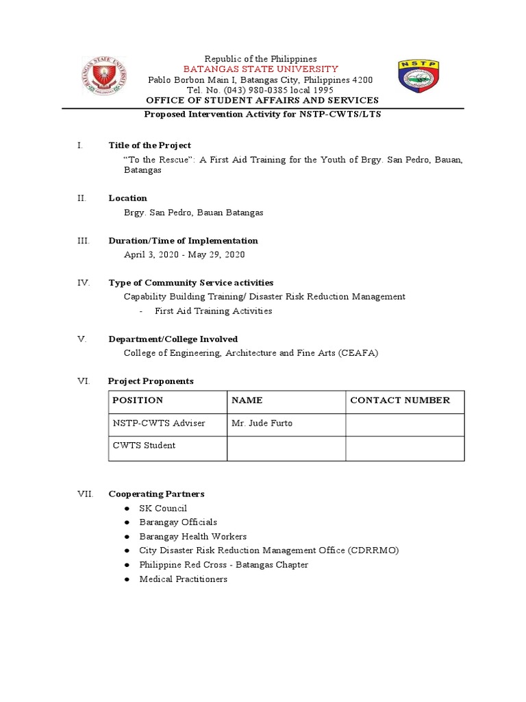 NSTP-Sample Project Proposal | PDF | First Aid | Monitoring And Evaluation
