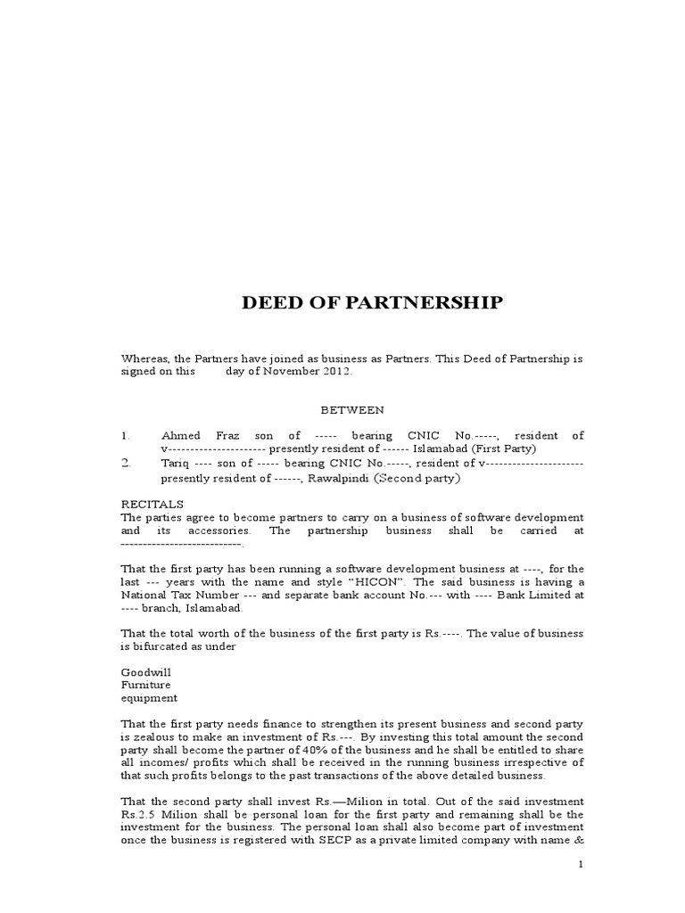 Deed of Partnership | PDF | Partnership | Indemnity