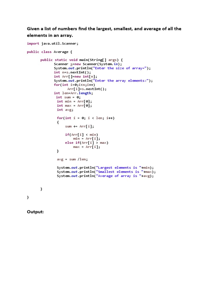 Given A List of Numbers Find The Largest, Smallest, and Average of All The Elements in An Array ...