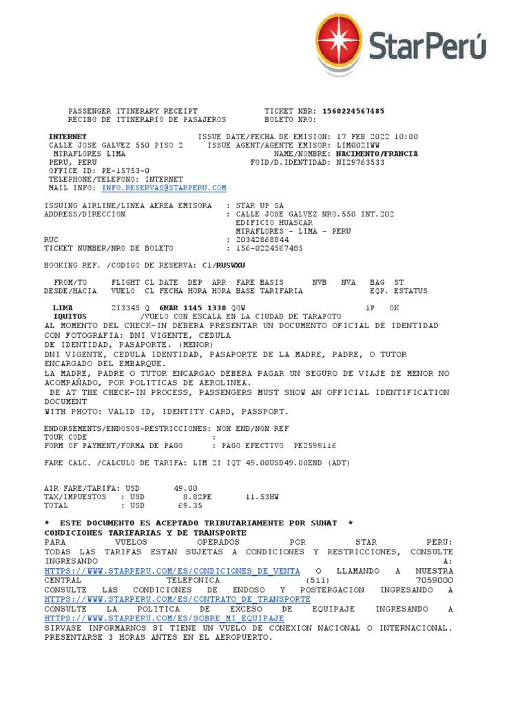 Passenger Itinerary Receipt Ticket NBR | PDF | Costa Rica