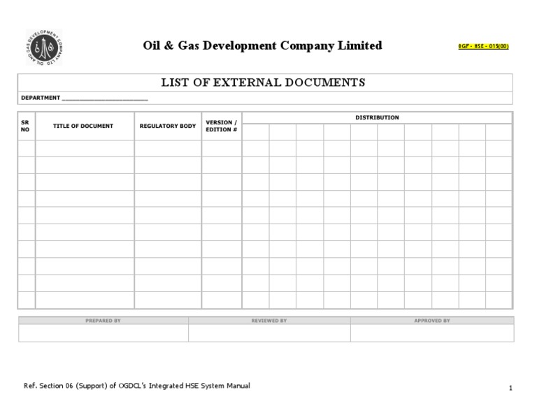 List of External Documents (OGF-HSE-015) | PDF