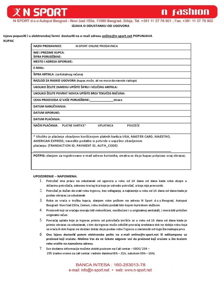 Obrazac Za Odustanak Od Ugovora (08B) | PDF