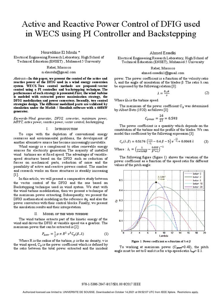 Active And Reactive Power Control Of Dfig Used In Wecs Using Pi Controller And Backstepping