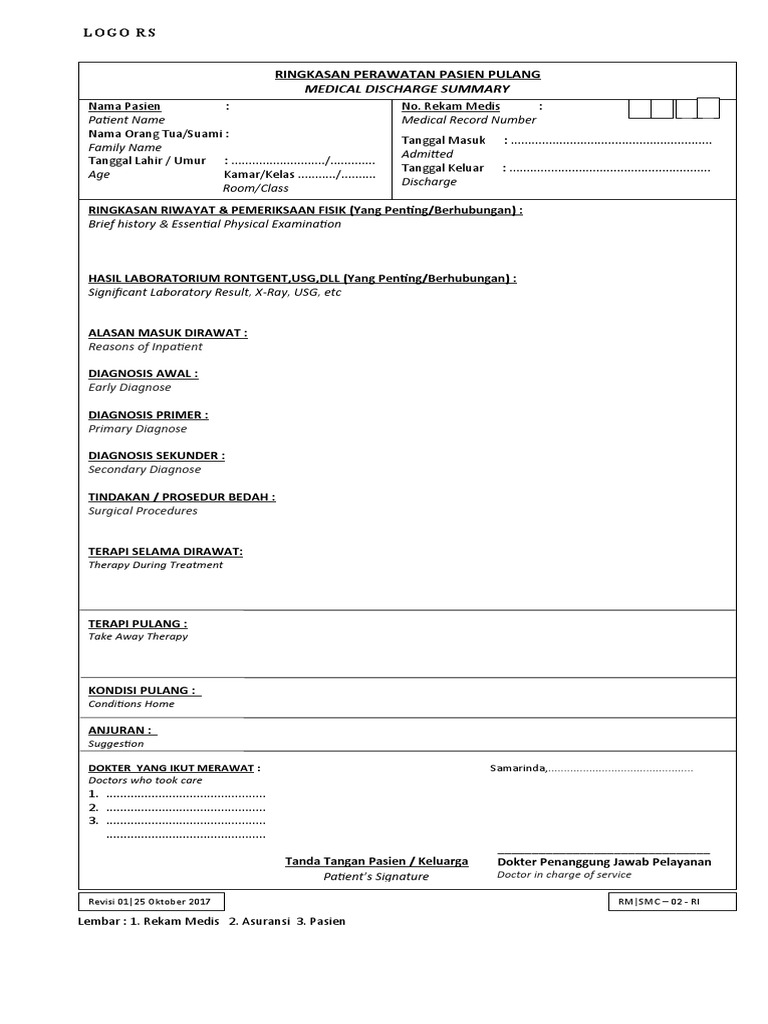 Form Ringkasan Perawatan Pasien Pulang (Resume Medis) | PDF | Patient | Medicine