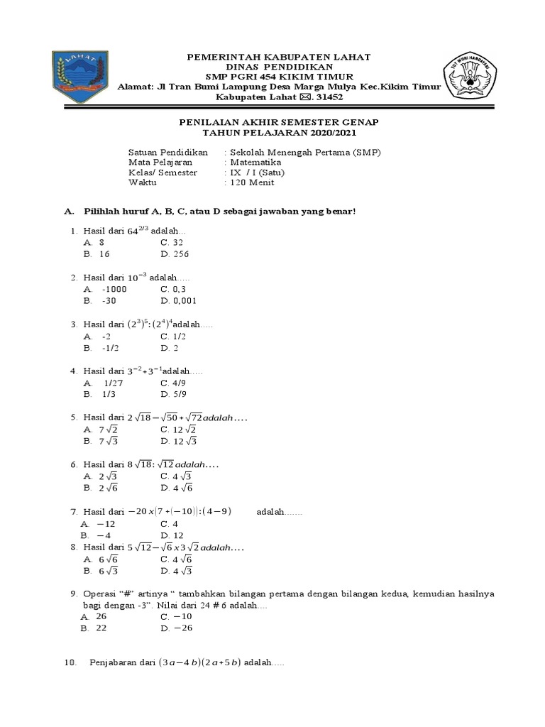 Soal Pas MTK KLS 9 | PDF
