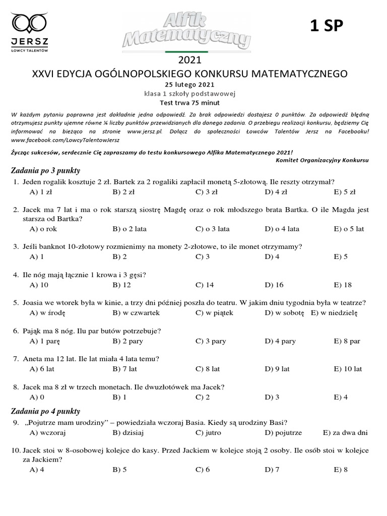 Zadania ALFIK 2021 Luty Podstawowa 1 | PDF