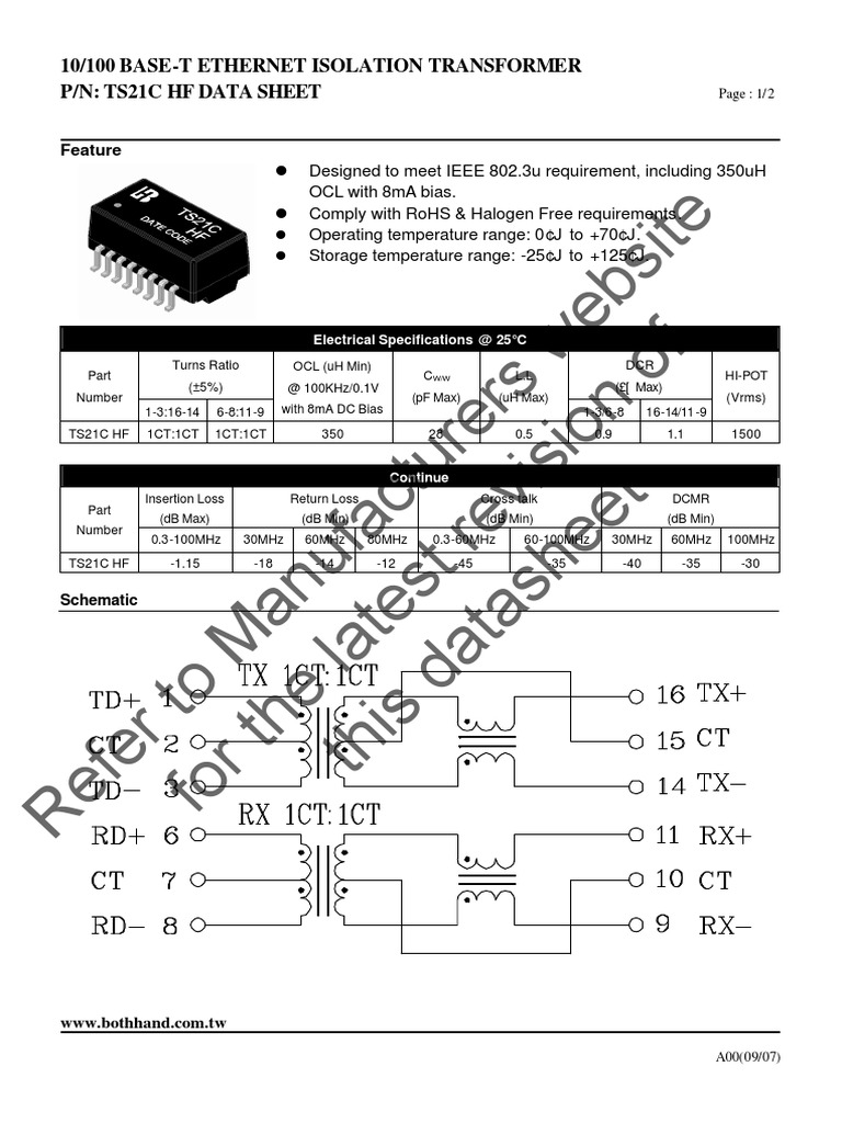 Website Revision Of: 10/100 Base-T Ethernet Isolation Transformer P/N: Ts21C HF Data Sheet | PDF ...