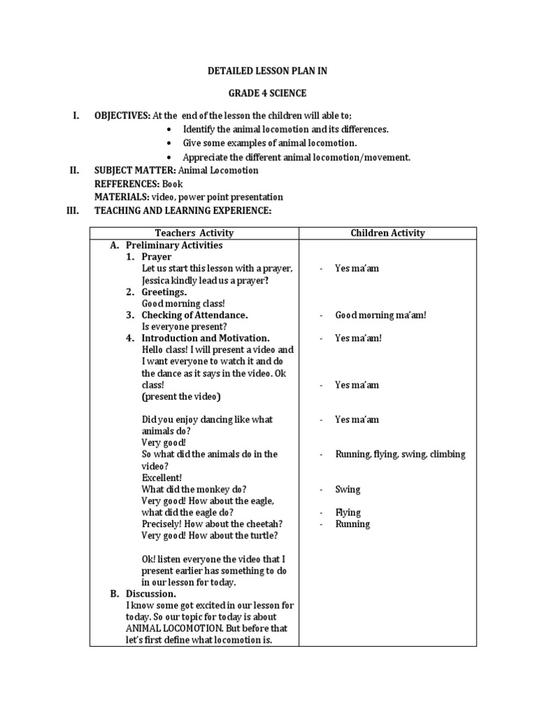 Detailed Lesson Plan | PDF | Animal Locomotion | Eukaryotes