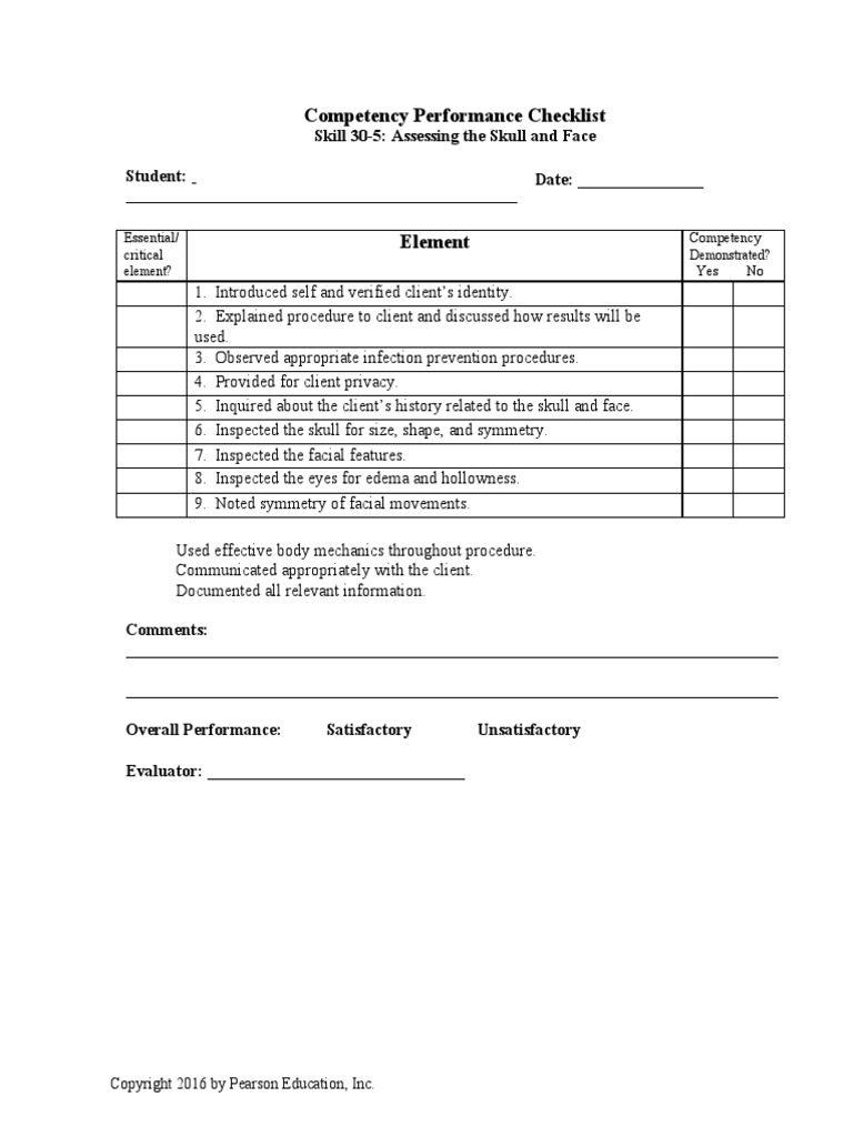 Competency Performance Checklist: Skill 30-5: Assessing The Skull and ...