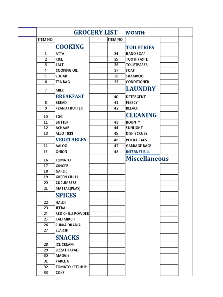 Grocery List Cooking: Toiletries | PDF | Cuisine | Western Cuisine