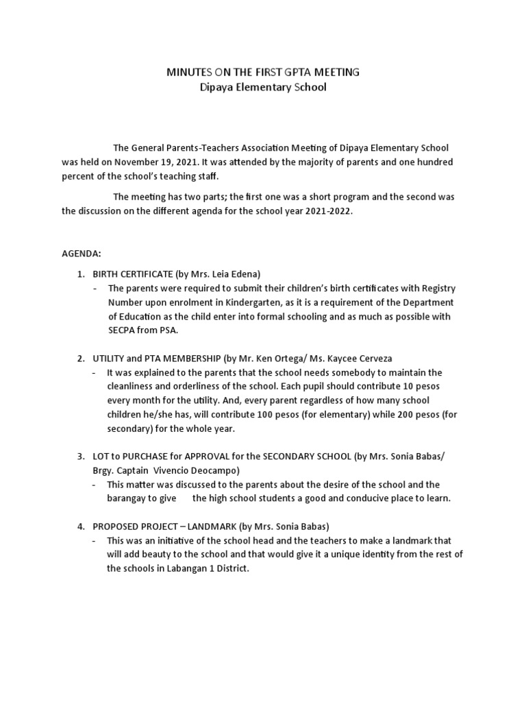 Minutes On The First Gpta Meeting Dipaya Elementary School | PDF